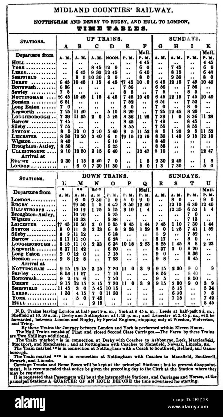 Midland Counties' Railway timetable Nottingham and Derby to Rugby and ...