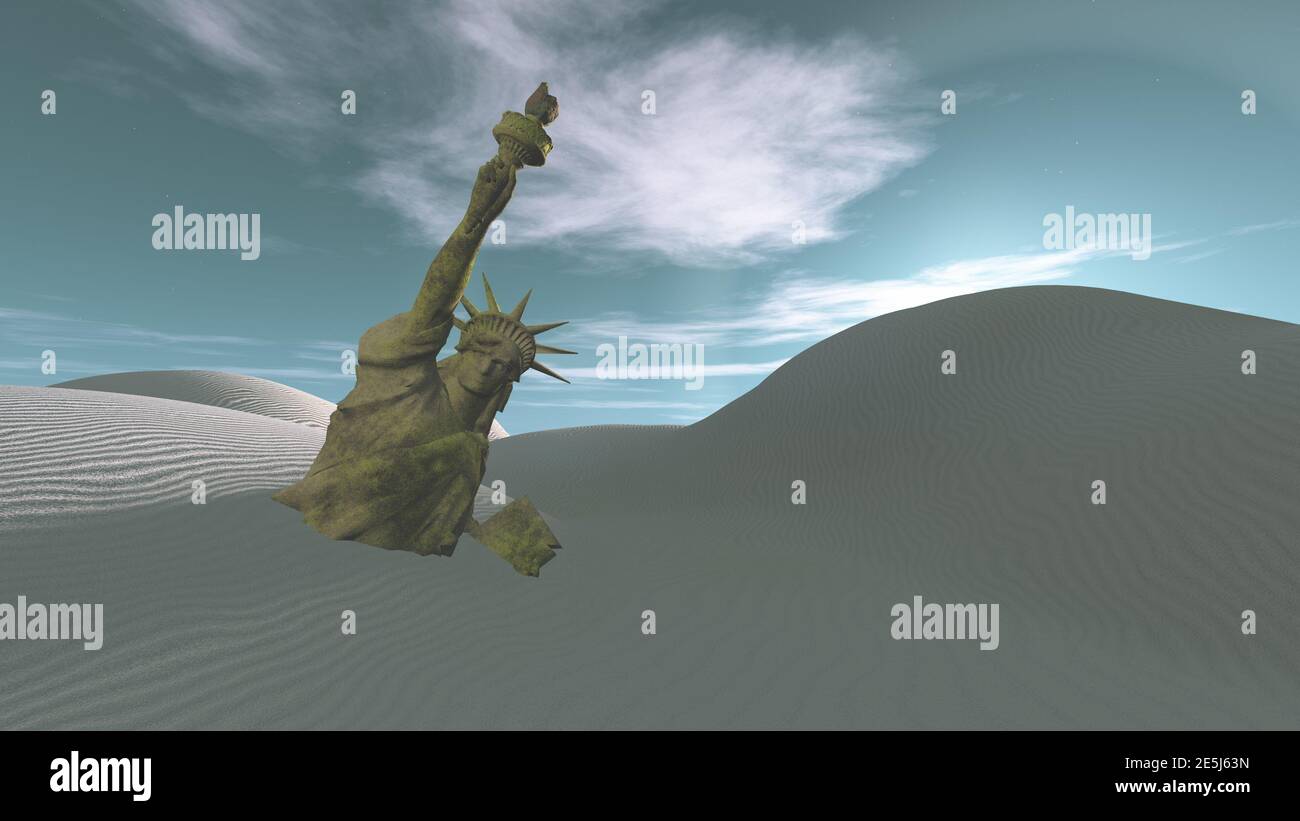 Liberty statue drowning in the sand Stock Photo - Alamy