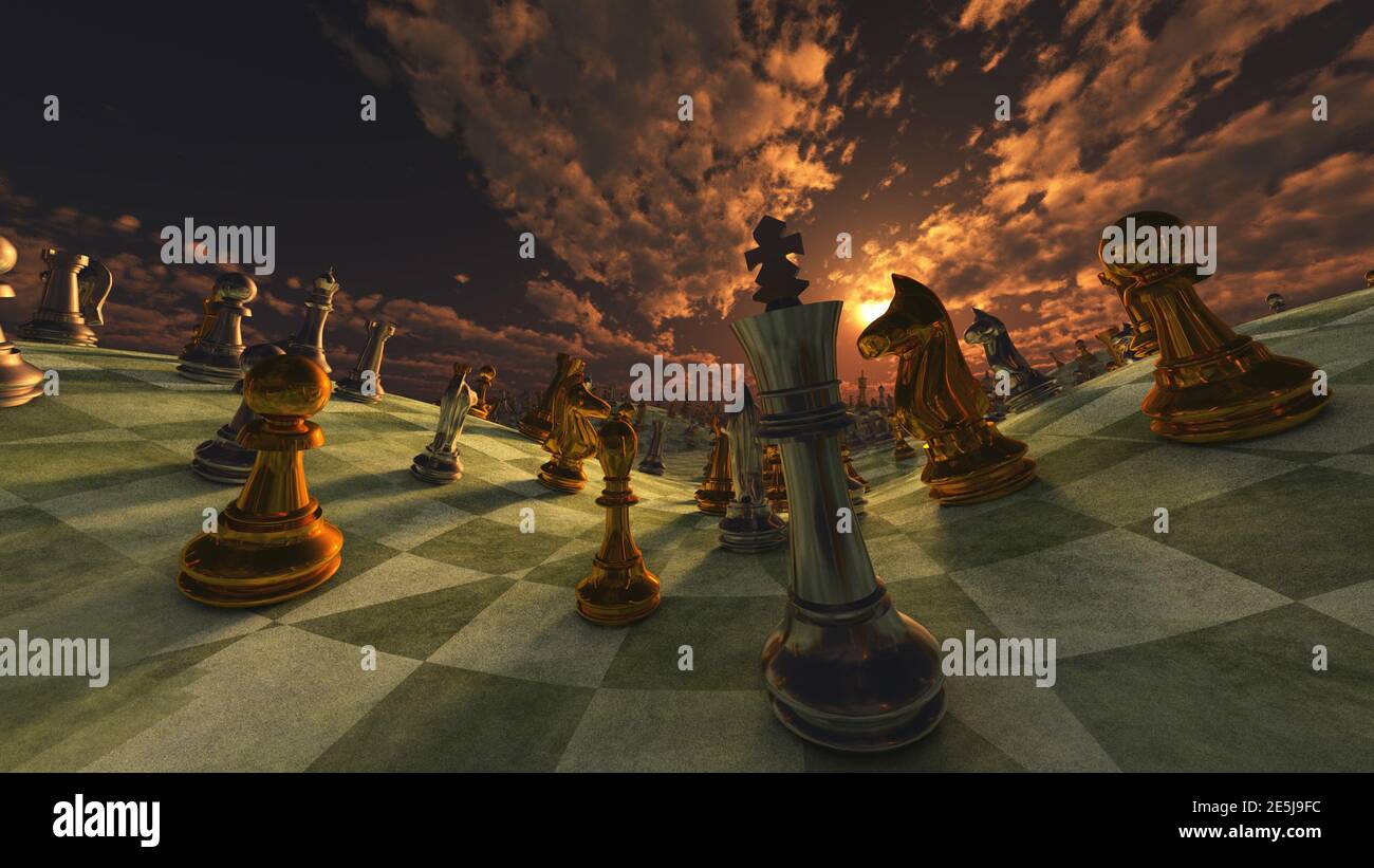 Surreal chess at sunset. 3D rendering Stock Photo - Alamy