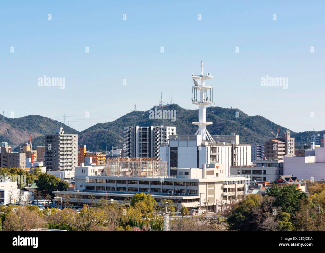 Skyline of Himeji, Hyogo, Japan. White telecommunication, Radio Sea ...