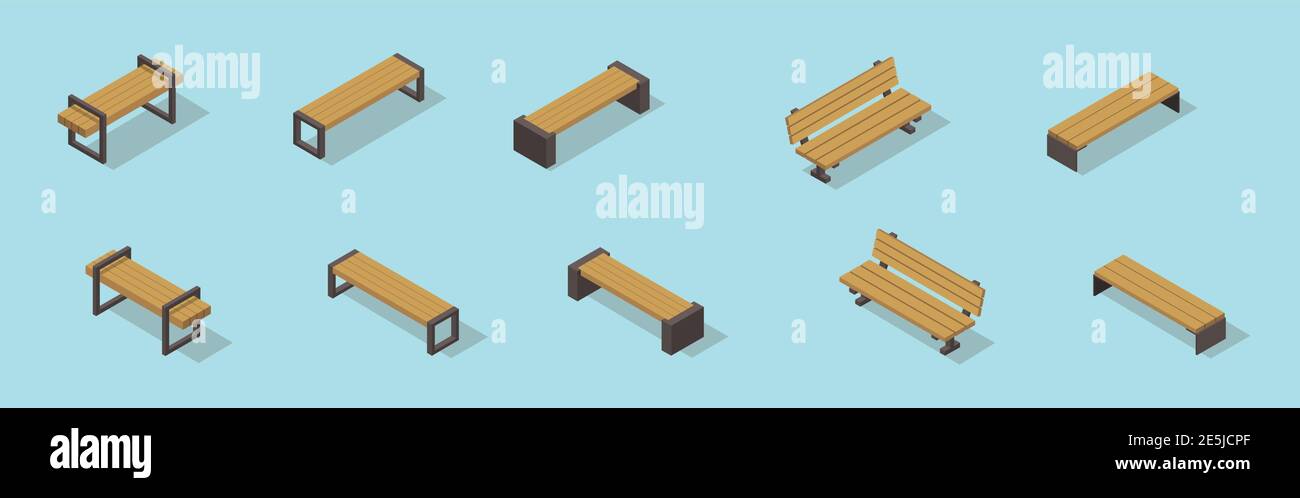 Benches. Set of isometric vector benches. Wooden benches. Park benches ...