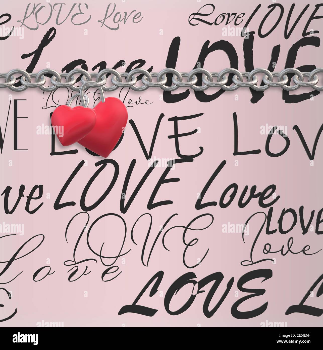 Two linked hearts hanging on chain on pink background with text love ...