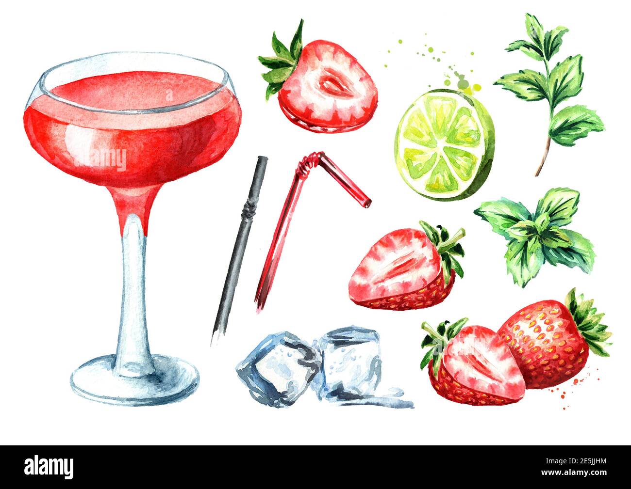 Alcohol cocktail Daiquiri with strawberry and decor set. Watercolor ...