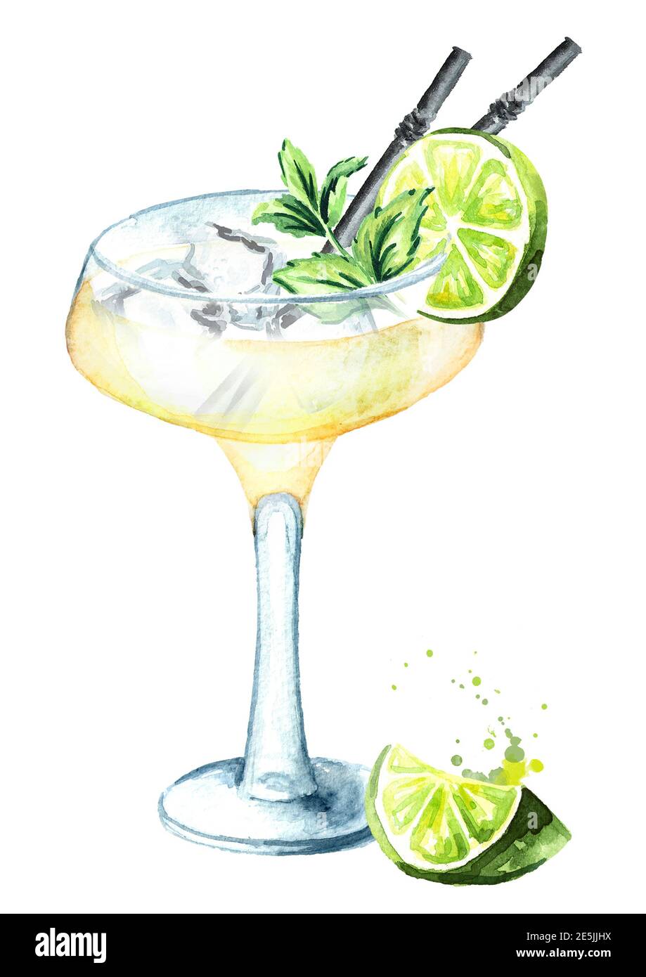 Alcohol cocktail Daiquiri with lime, mint and ice cubes. Watercolor ...