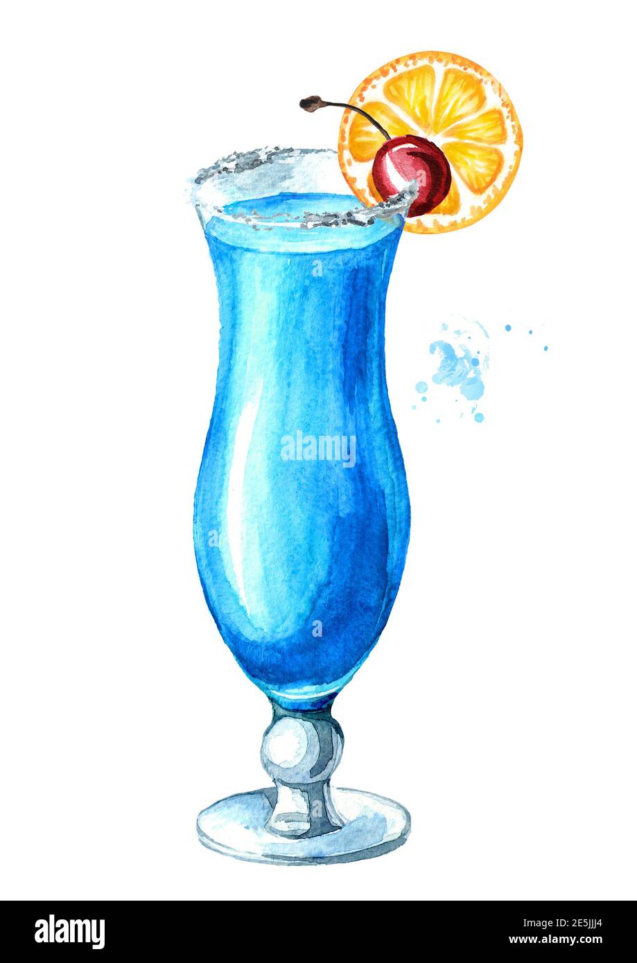 Blue lagoon cocktail with porange and cherry. Watercolor hand drawn ...