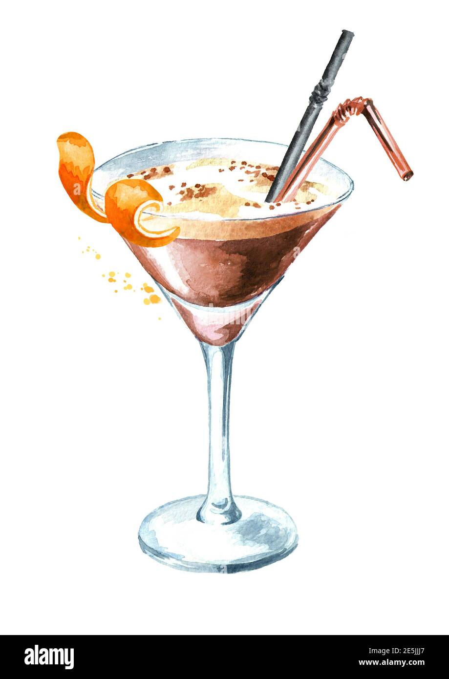 Espresso martini cocktail with orange zest. Watercolor hand drawn ...