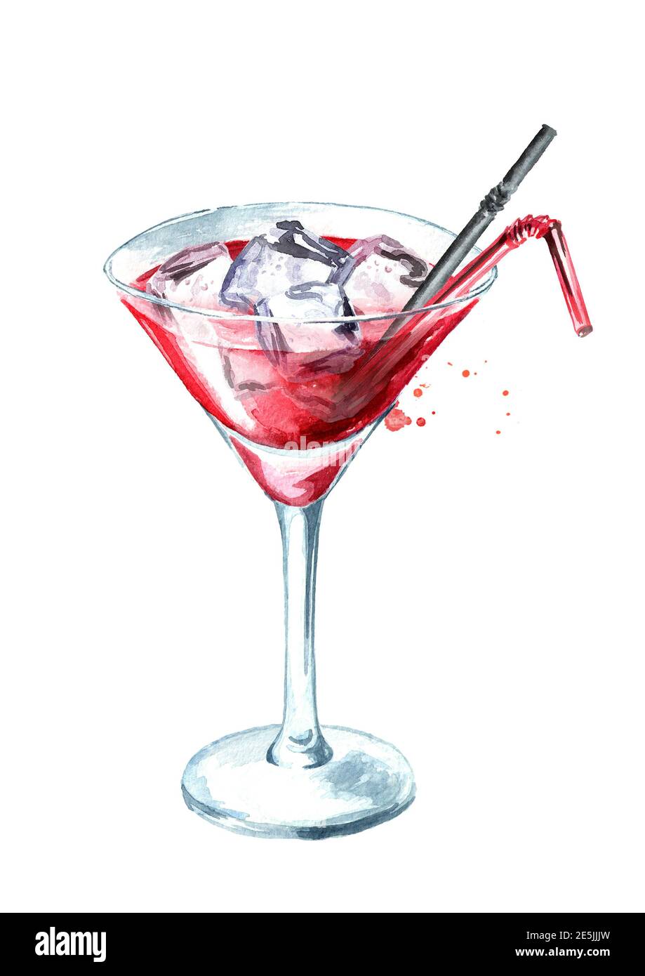 Cosmopolitan cocktail with ice cubes. Watercolor hand drawn ...