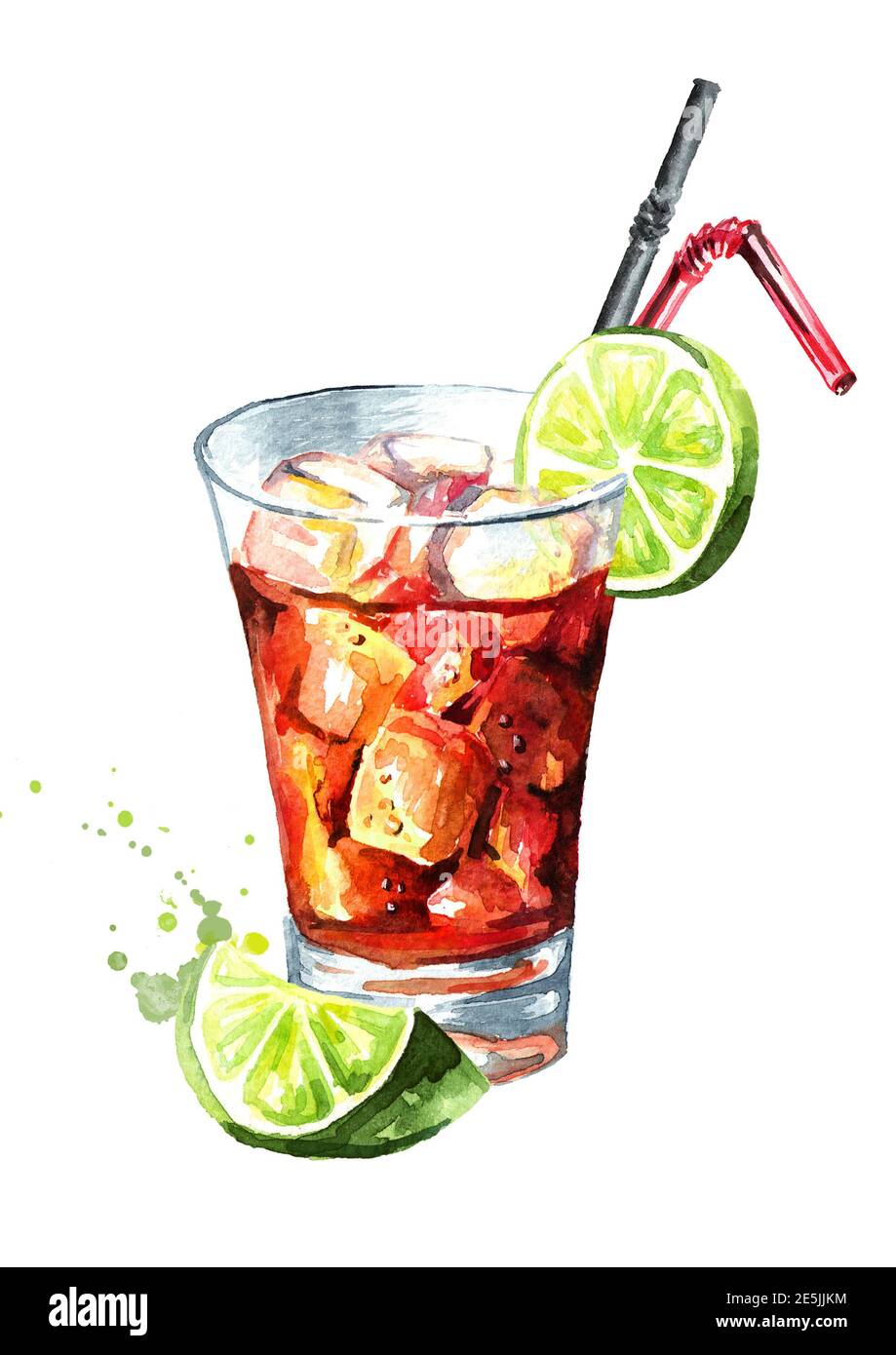 Glass of Cuba Libre cocktail with lime. Watercolor hand drawn ...