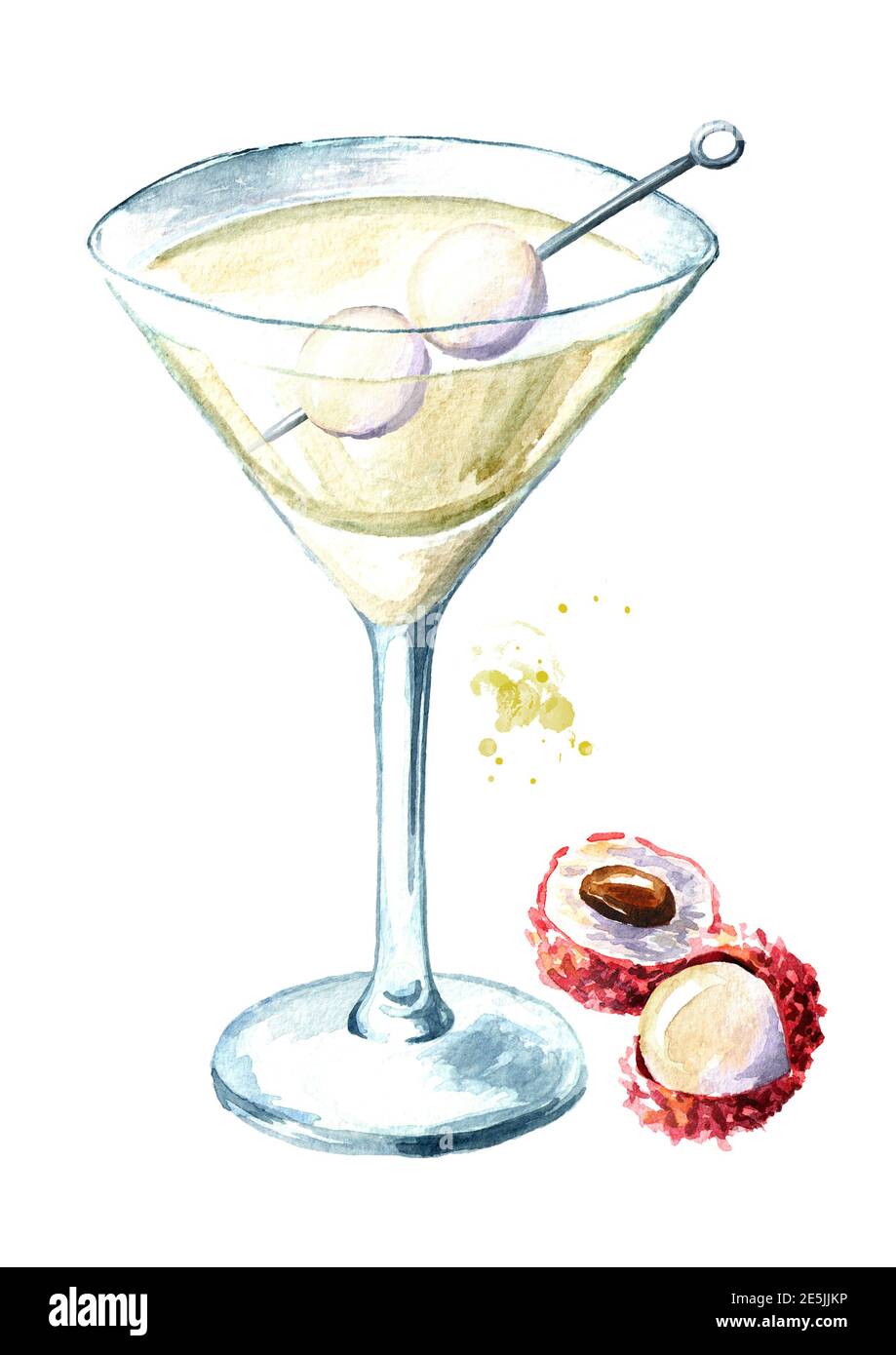 Glass of Martini with lychee. Watercolor hand drawn illustration ...