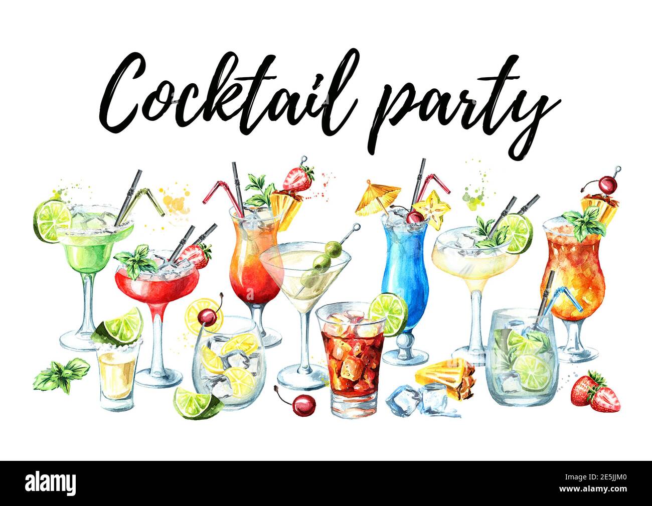 Cocktail party card. Watercolor hand drawn illustration, isolated on ...