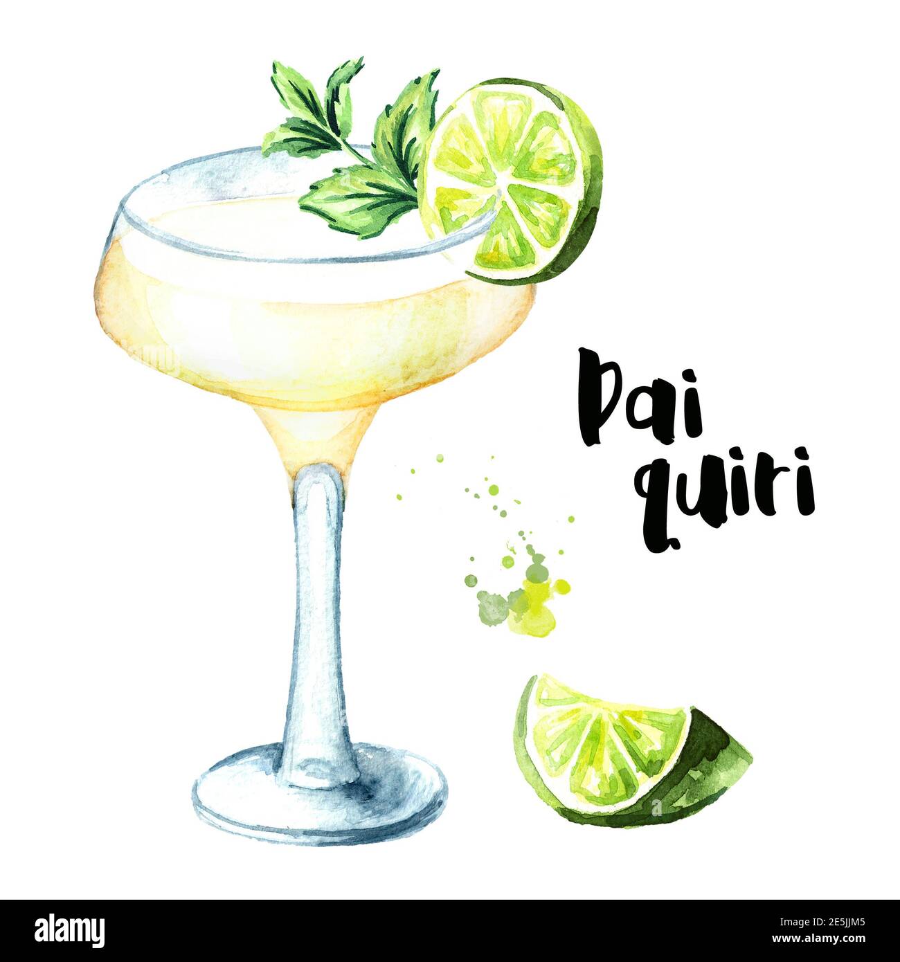 Cocktail party. Alcohol cocktail Daiquiri with lime. Watercolor hand ...