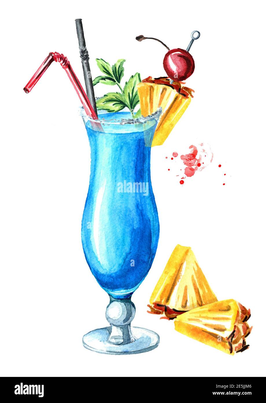 Blue lagoon cocktail with pineapple and decor. Watercolor hand drawn ...