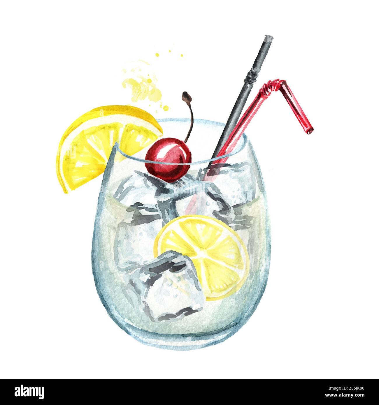 Tom Collins cocktail with cherry, lemon and ice cubes. Watercolor hand ...