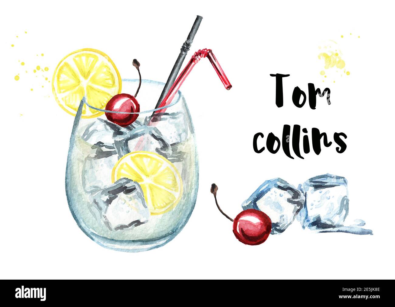 Tom Collins cocktail with lemon and ice cubes. Watercolor hand drawn ...