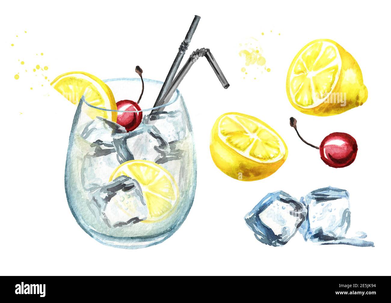 Tom Collins cocktail ingredients with lemon, cherry and ice cubes set ...
