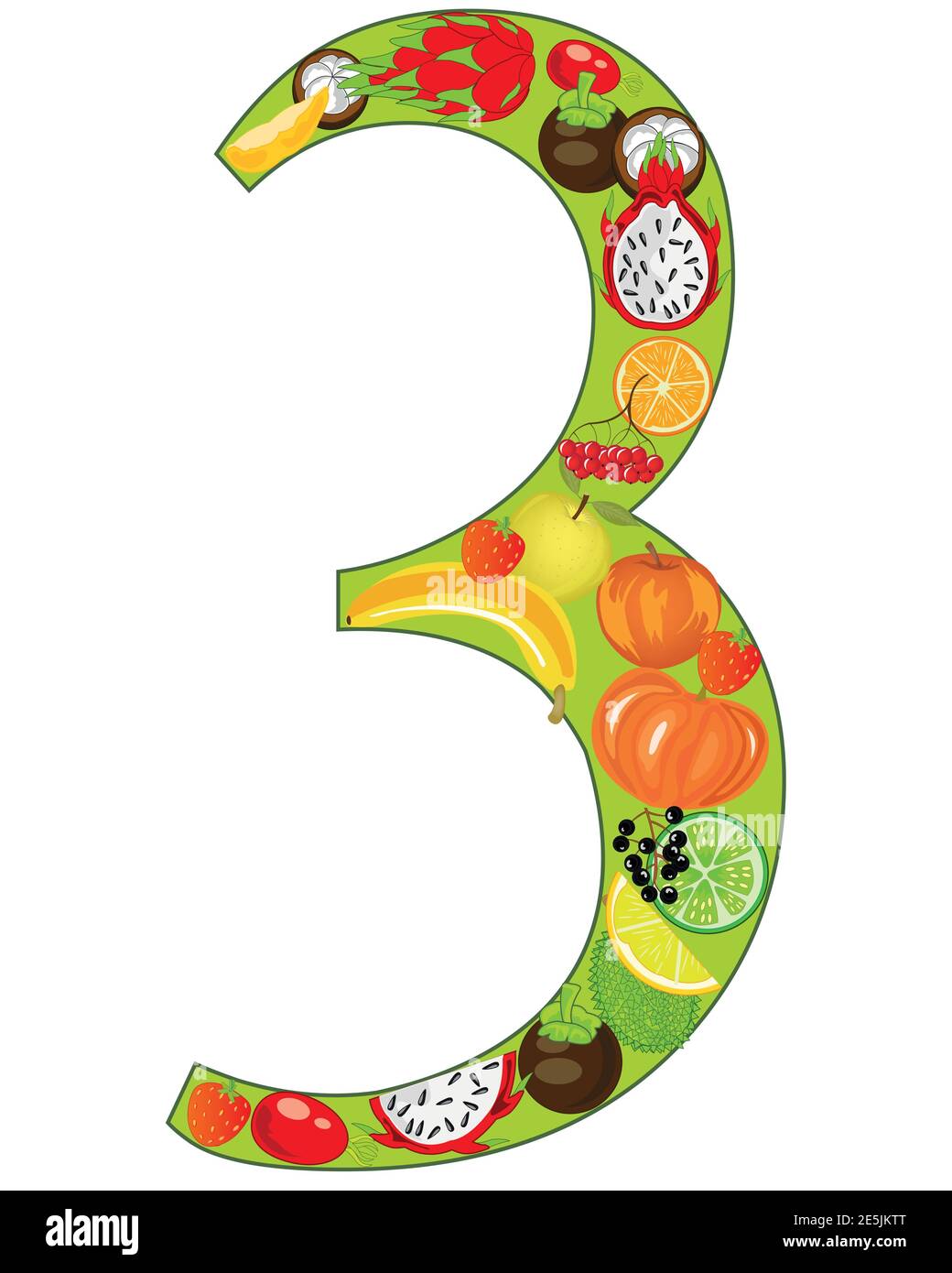 Vector illustration of the number three from fruit and berries on white ...