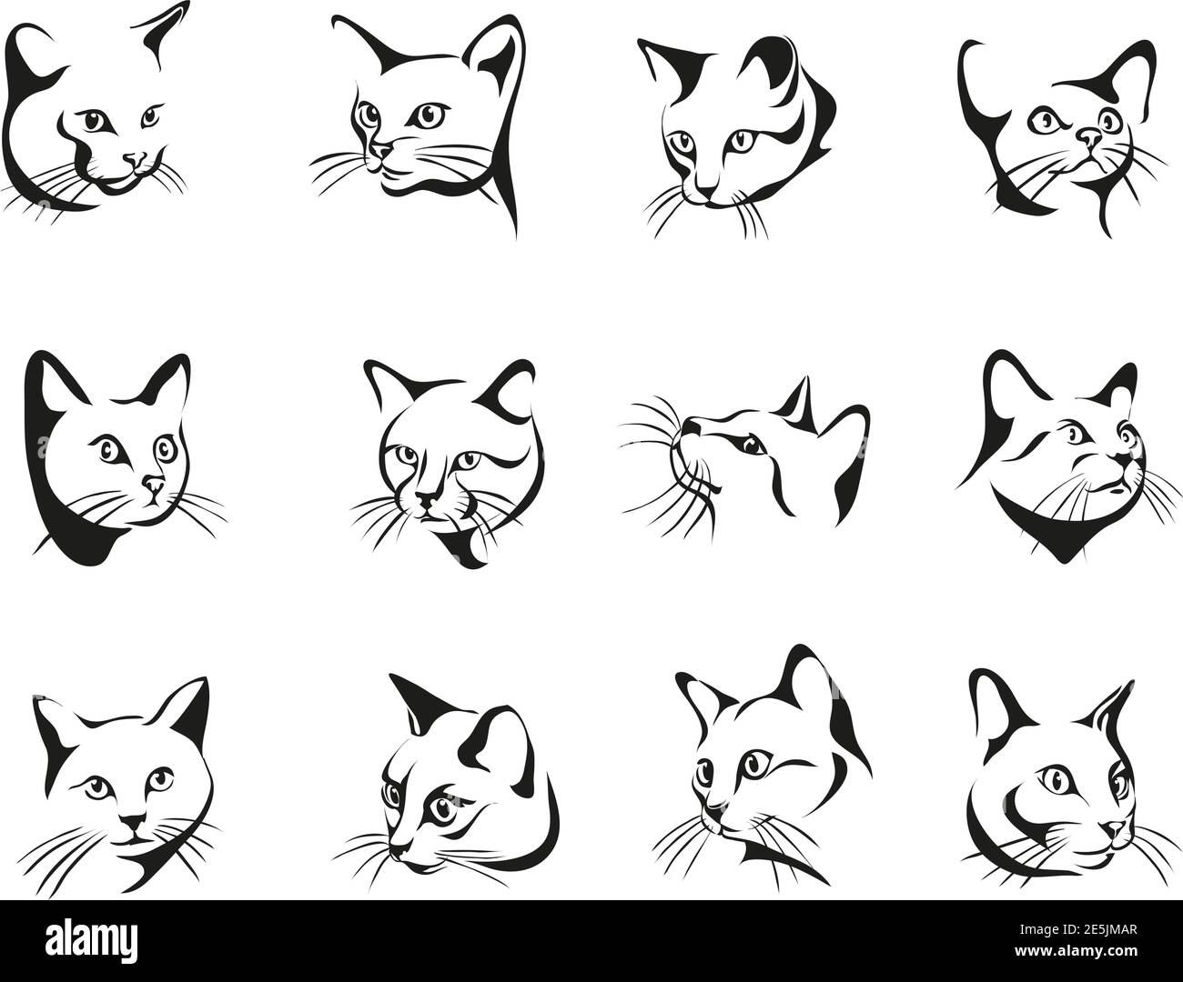Cat, head, face, various poses, black, silhouette, set, vector ...