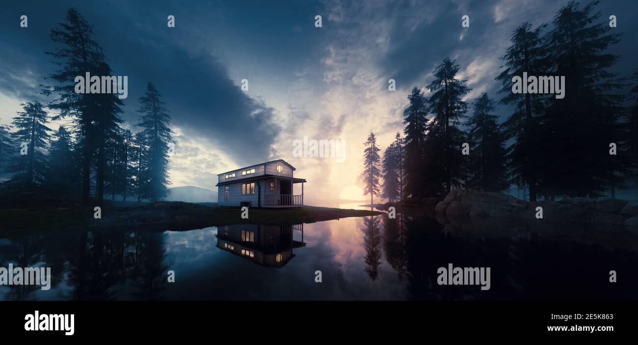 Lake with vintage tiny house in a sunset forest environment. 3d ...
