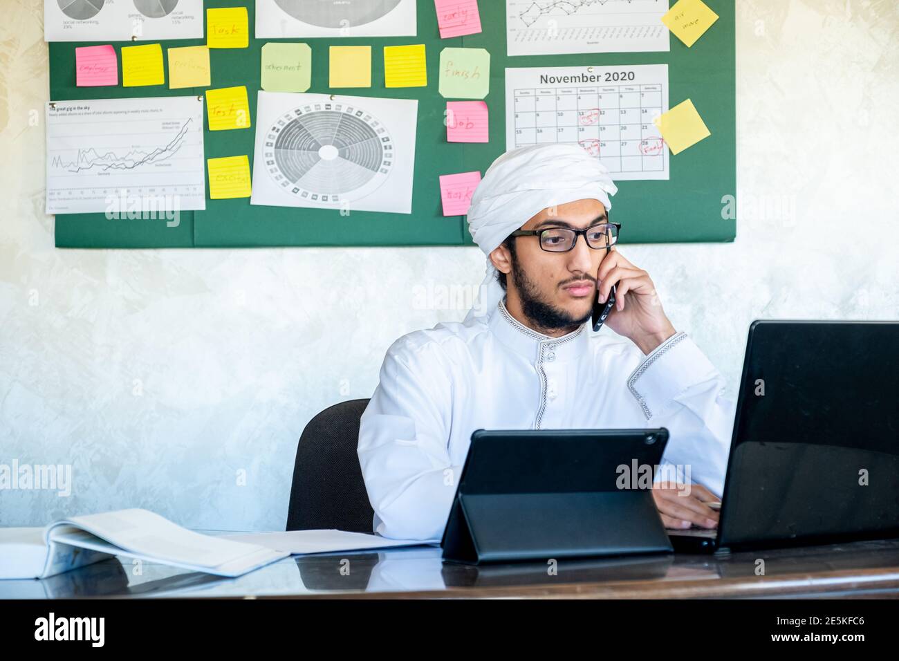 arabian man using his mobile phone while working for communication ...