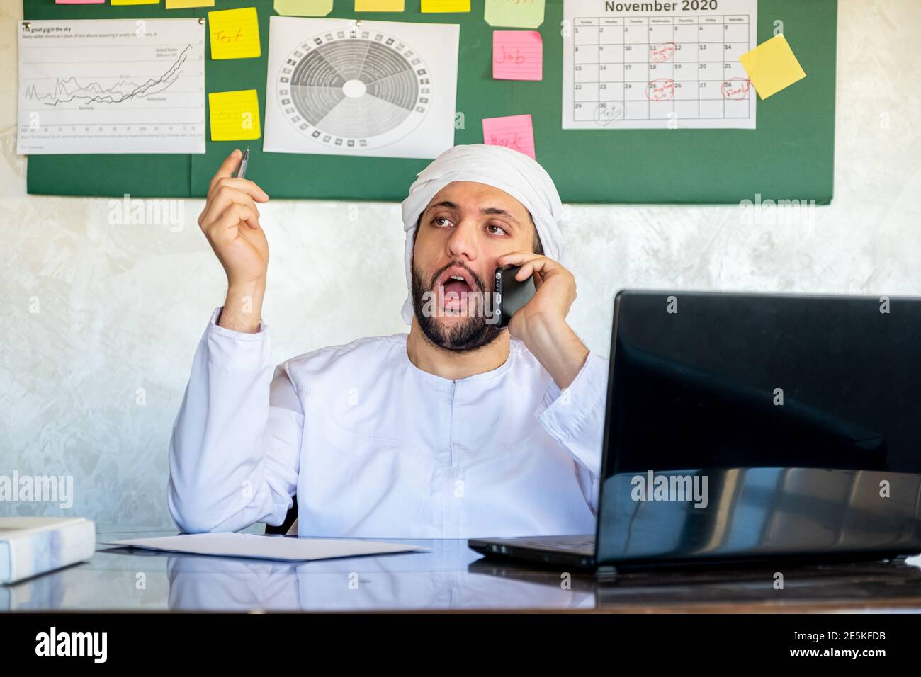 arabian man using his mobile phone while working for communication ...