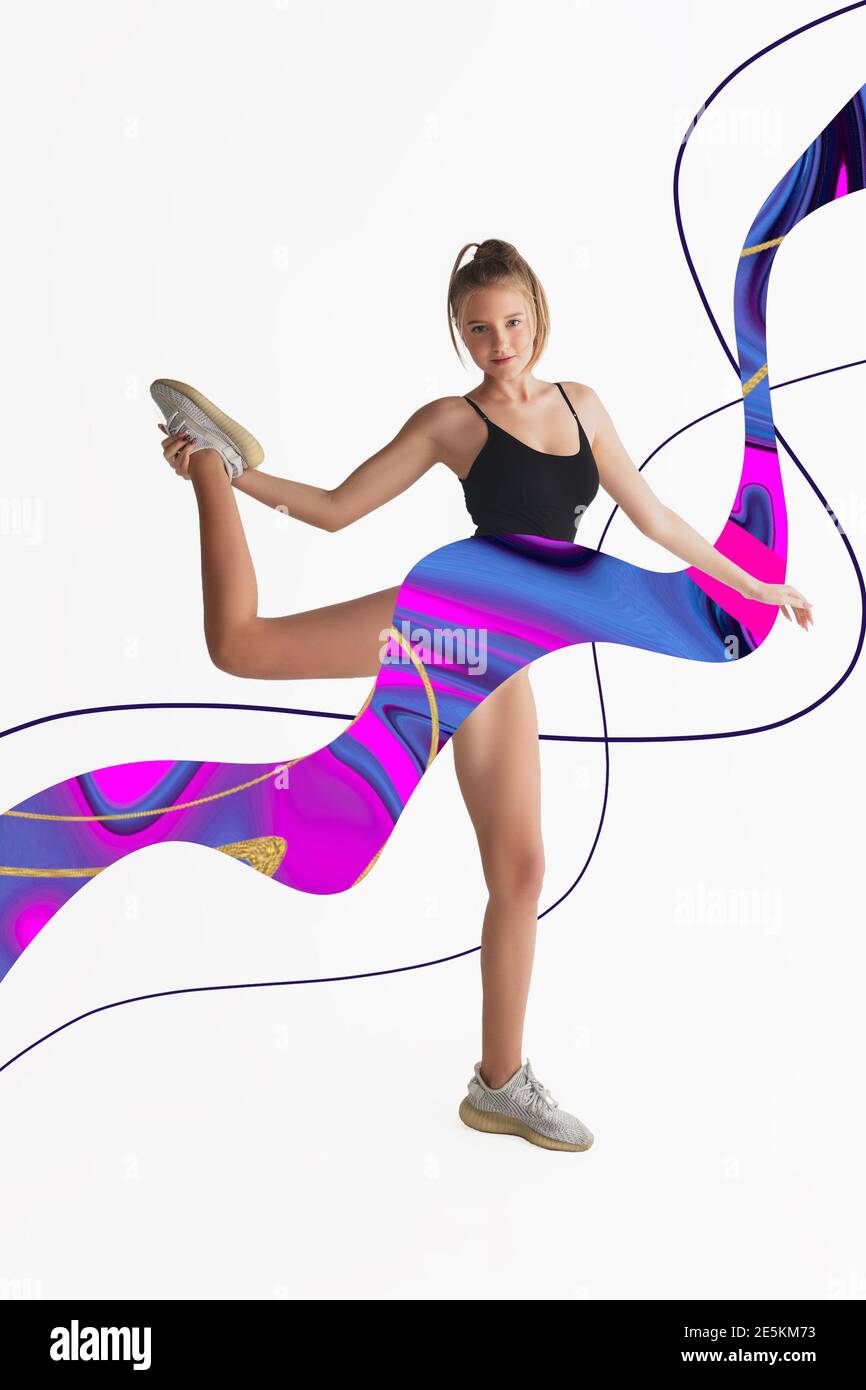 Stylish young girl's portrait on white studio background with bright ...