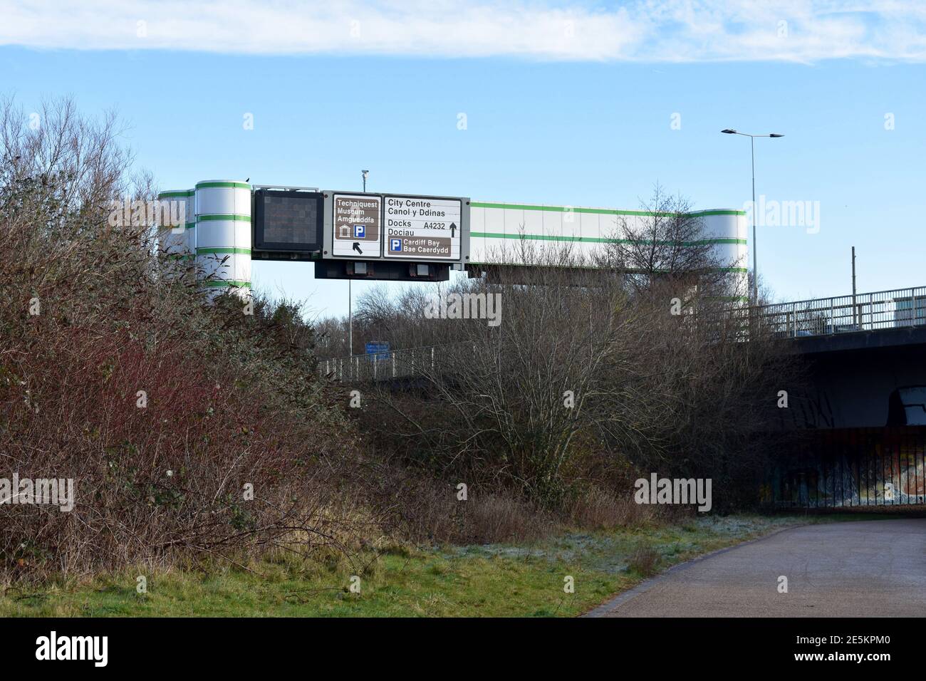 View of the road signs on the Cardiff Bay link road from the Cardiff ...