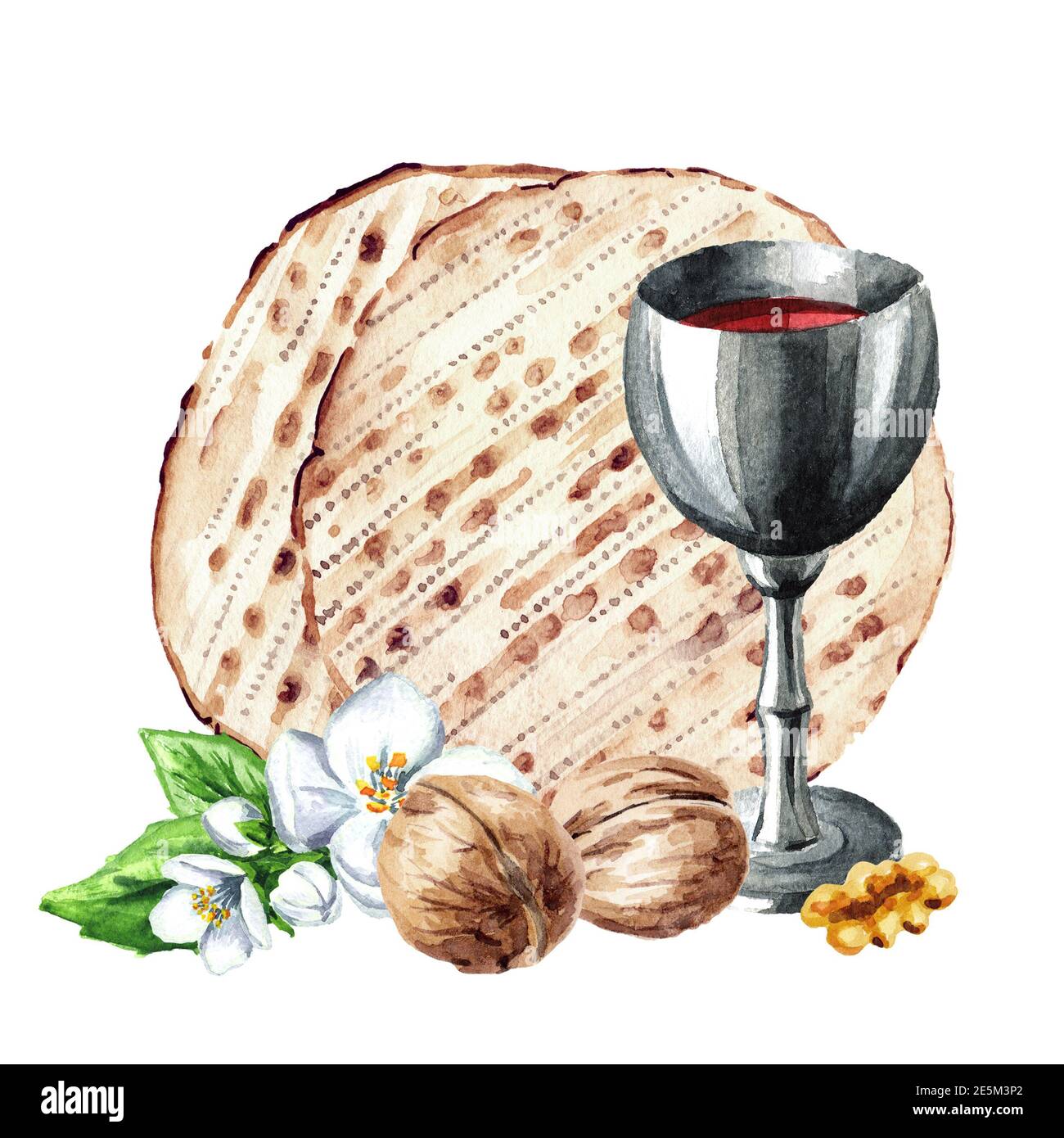 Red kosher wine in the silver glass with matzah or matza. Passover ...