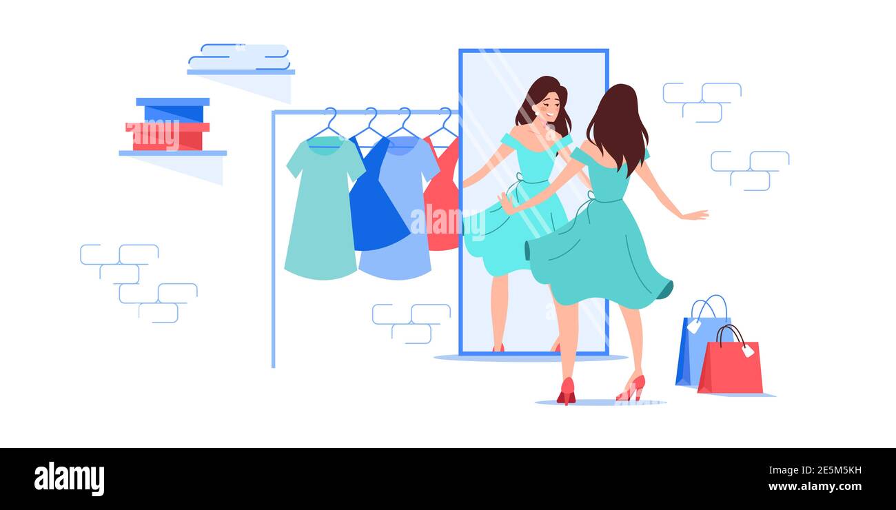 Flat cartoon girl character trying new dress outfit,fashion shopping ...