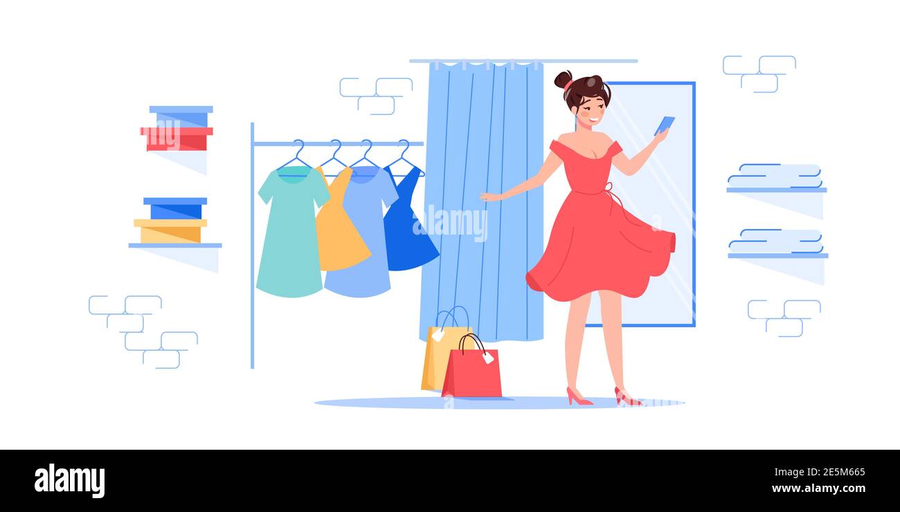 Flat cartoon girl character trying new dress outfit,fashion shopping ...