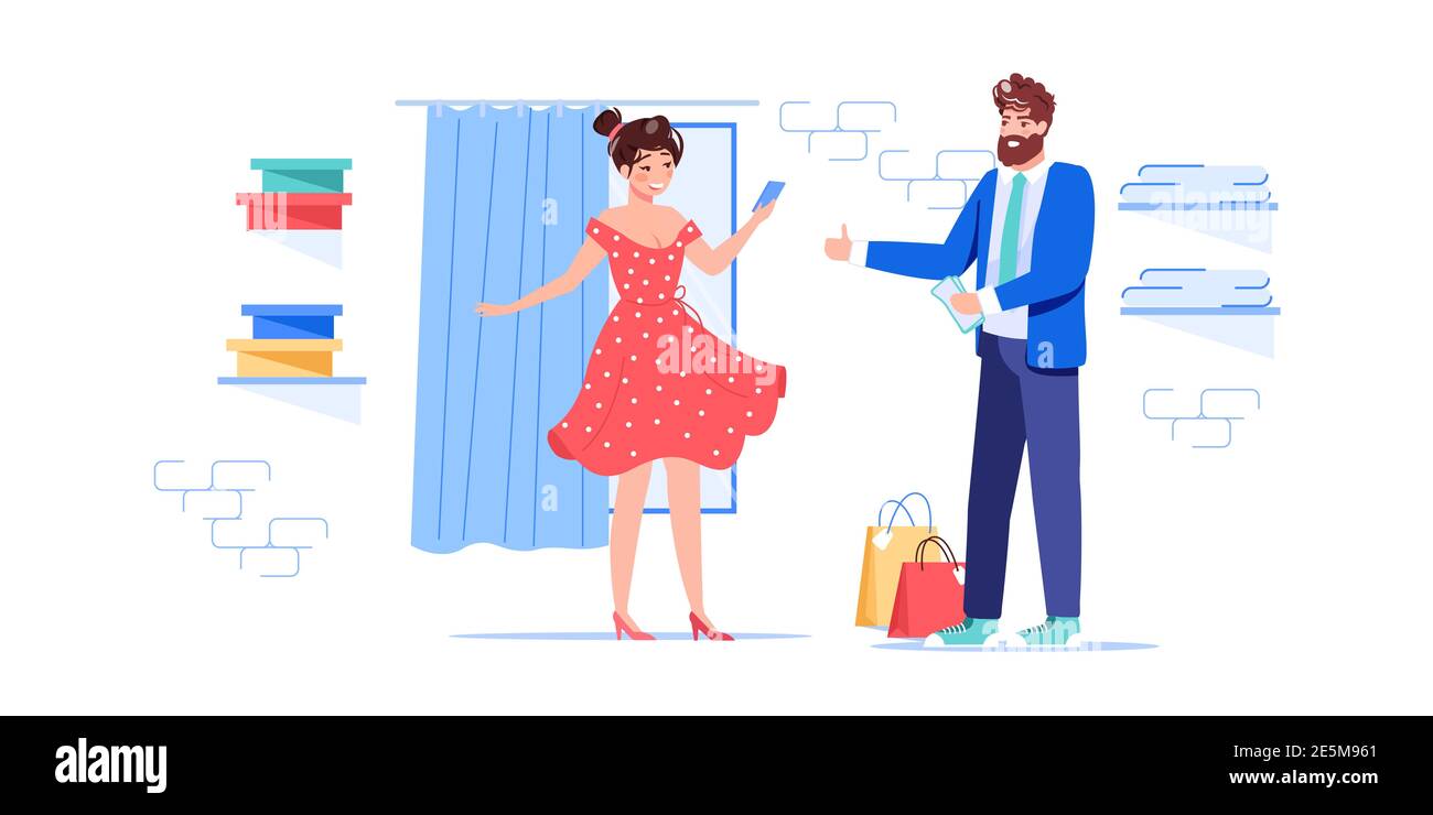 Flat cartoon characters trying new dress outfit,fashion shopping vector ...