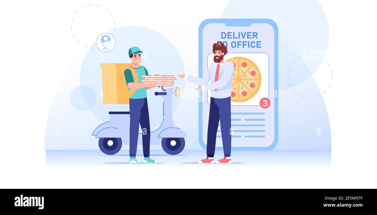 Flat cartoon characters receiving online buys,order delivery service ...