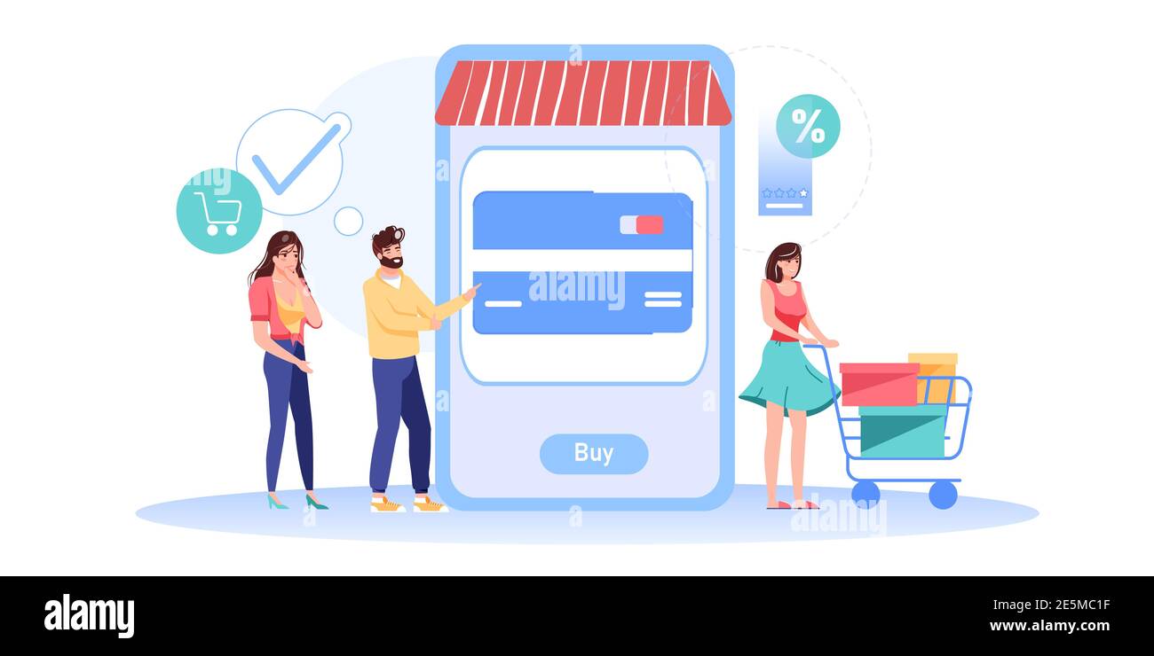 Flat cartoon characters at online shop buy goods,order delivery service ...