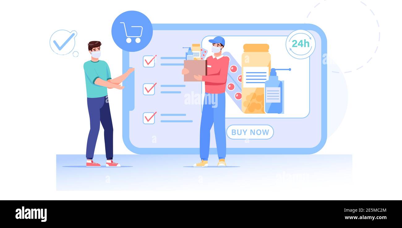 Flat cartoon character receiving online order medicines,medical ...