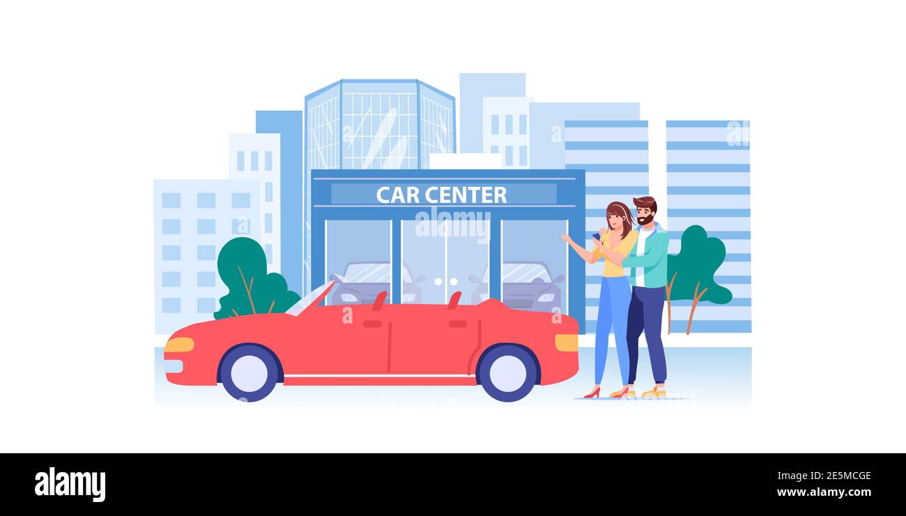 Flat cartoon family characters buy or rent car,vector illustration ...