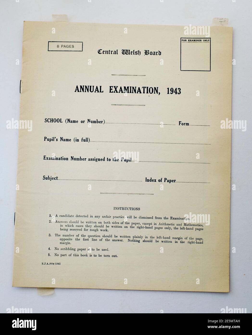 Old 1943 Annual School Examination Paper Central Welsh Board Stock ...