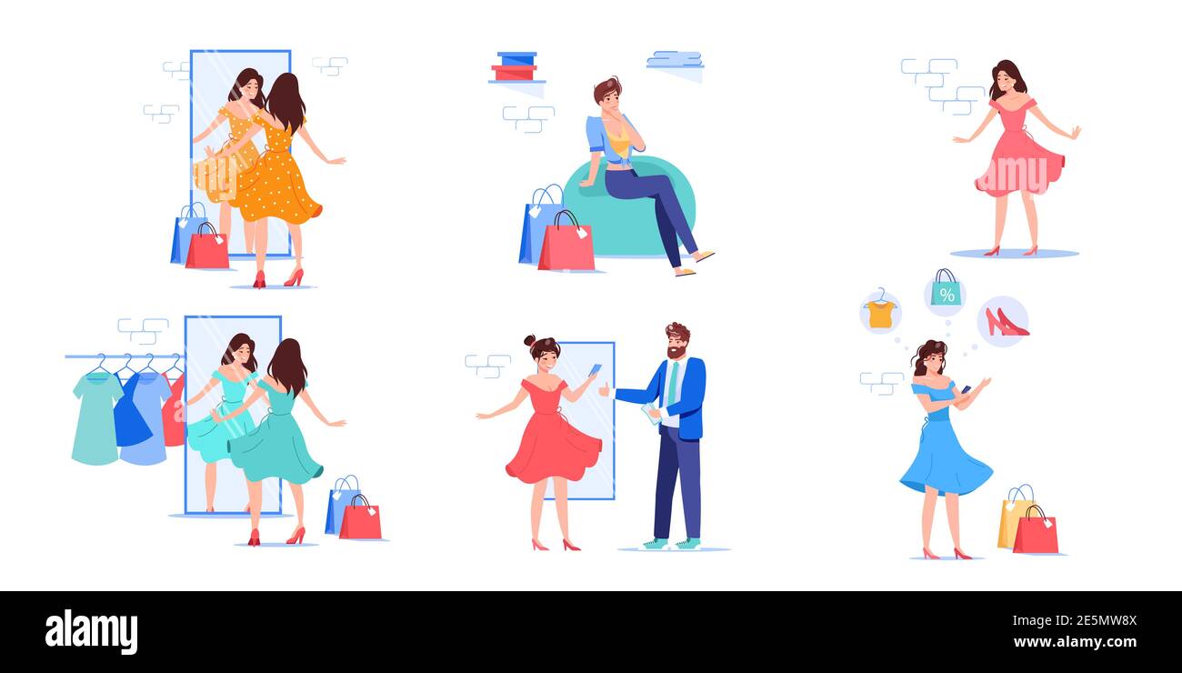 Flat cartoon girl characters trying new dress outfit,fashion shopping ...