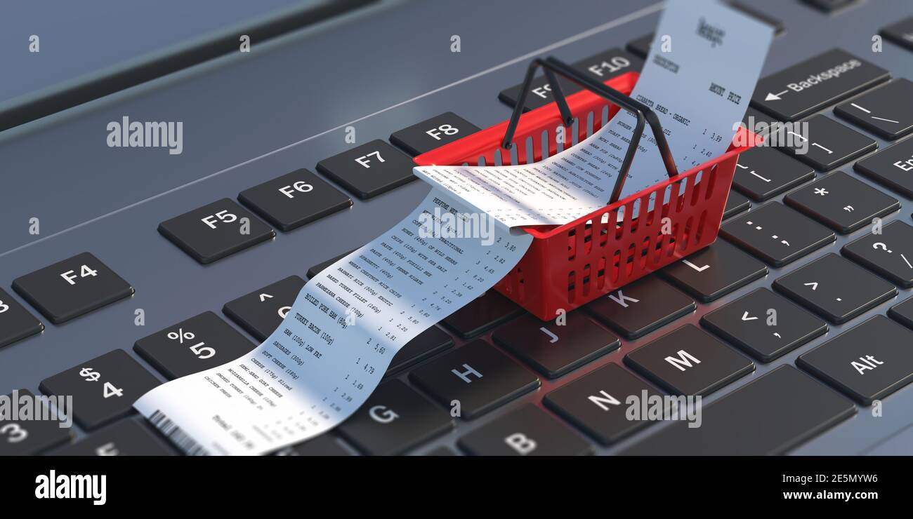 Shopping basket and paper receipt on computer laptop background ...