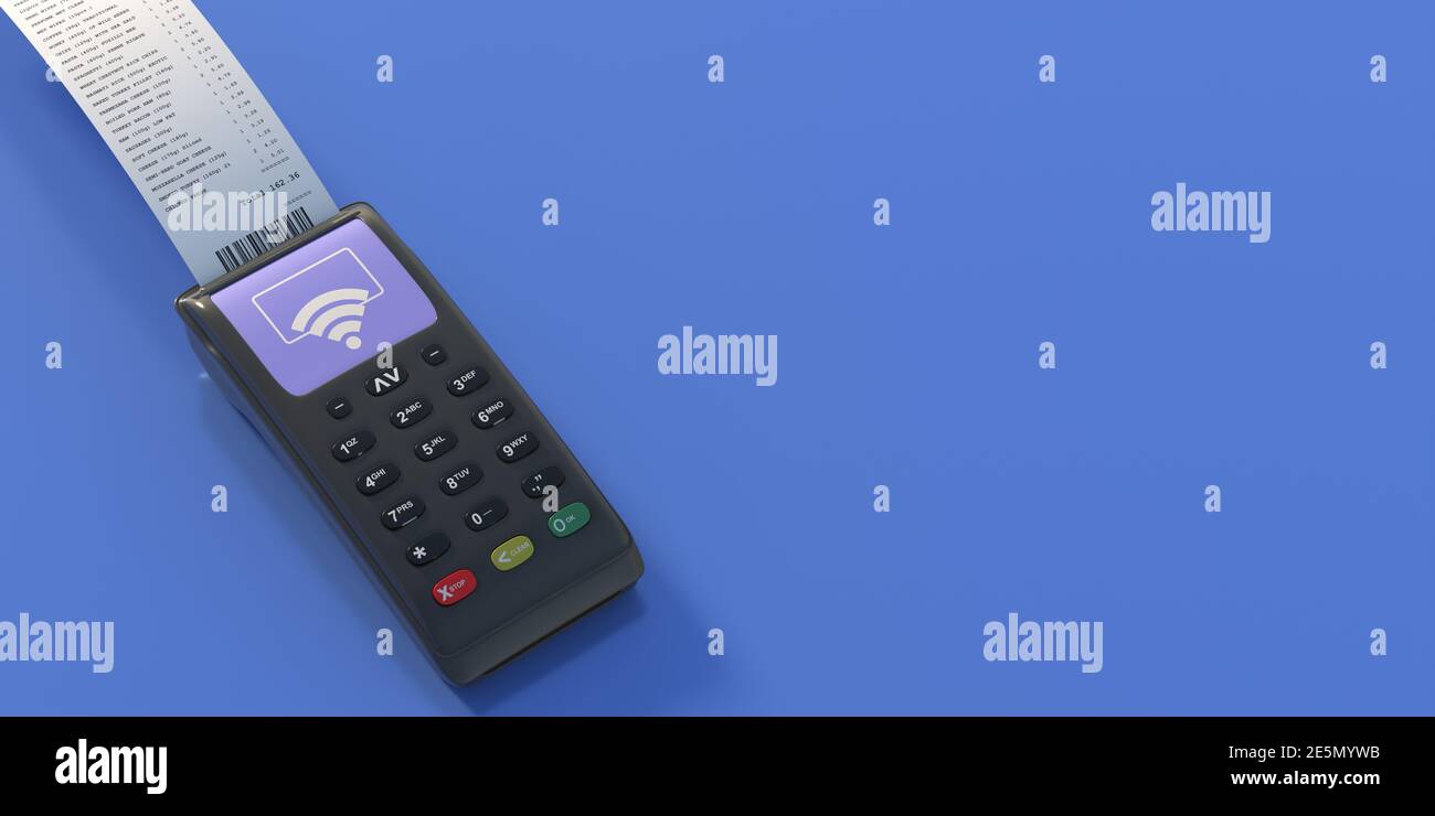 POS terminal and paper receipt on blue background. Groceries ...