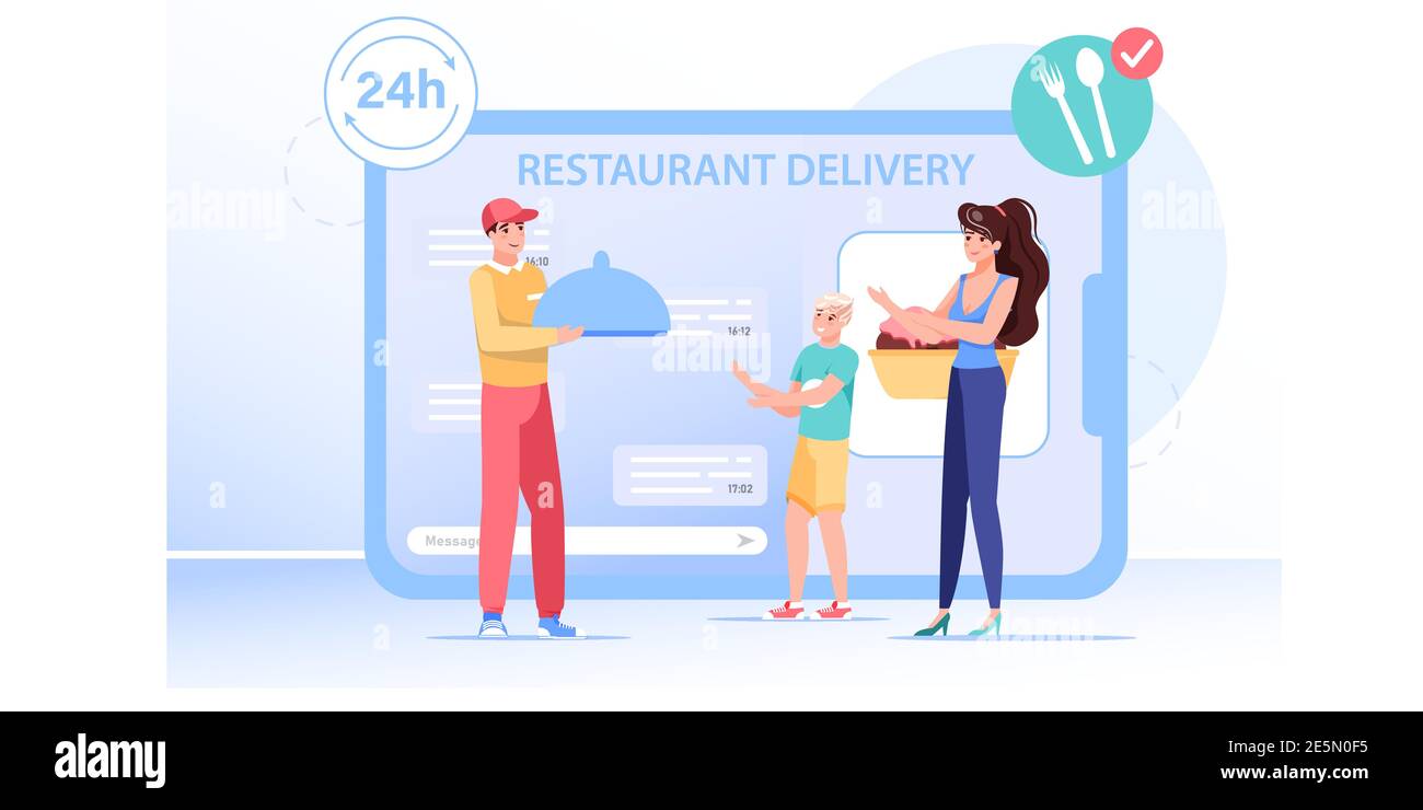 Flat cartoon characters receiving online buys,order delivery service ...