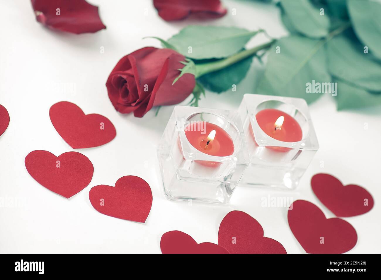 romantic concept .burning candle and red rose . photo with copy Stock ...