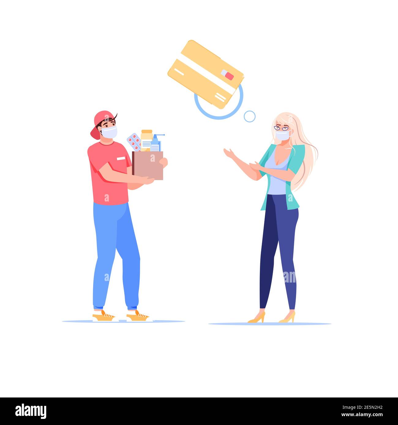 Flat cartoon delivery man and customer characters,coronavirus ... Flat cartoon delivery man and customer characters,coronavirus ...
