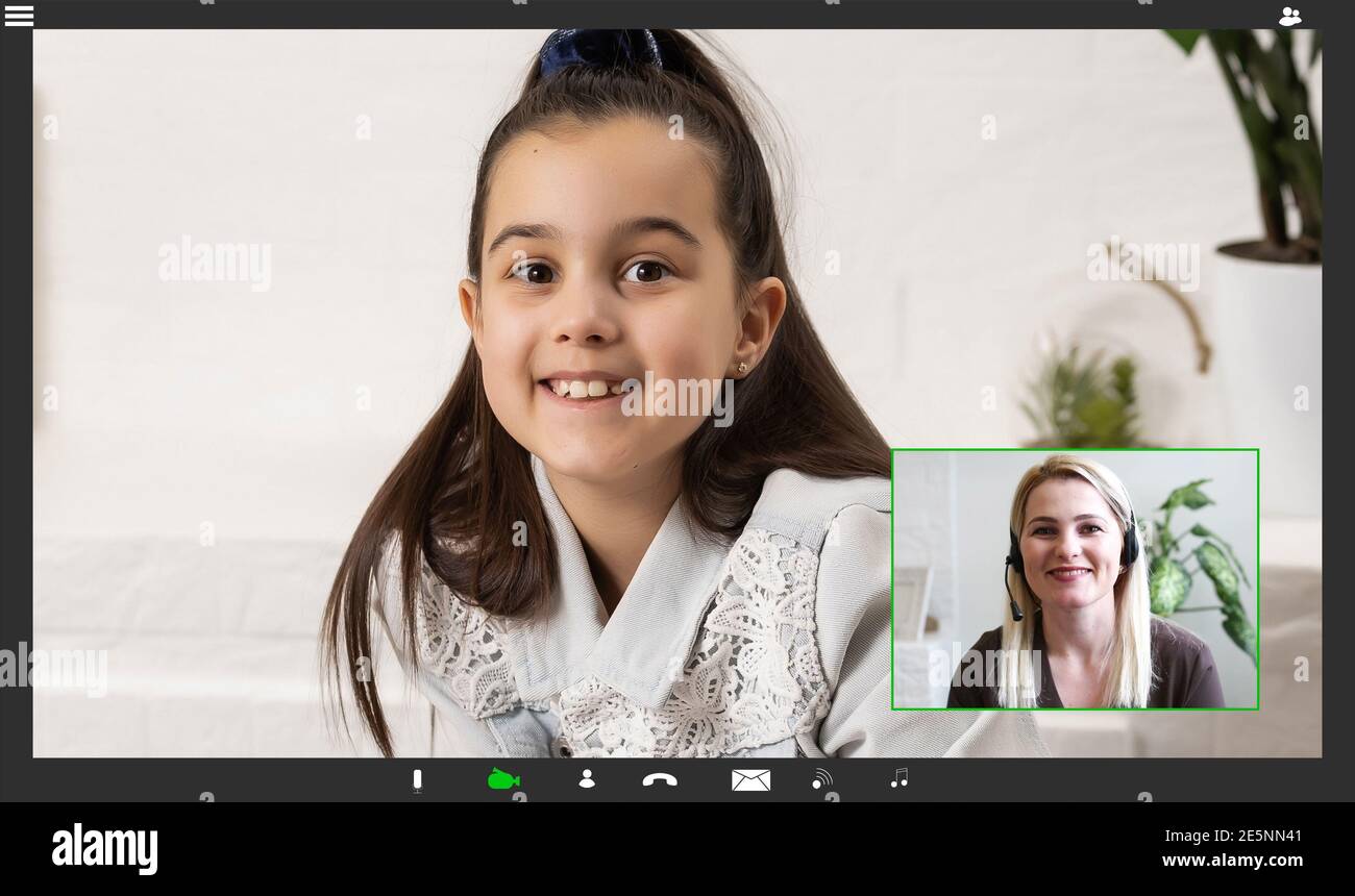 Headshot portrait screen view of little preschooler girl sit on couch ...