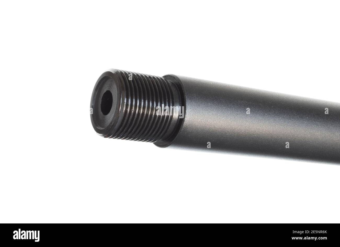 Threading on the end of a high powered rifle barrel isolated on white ...