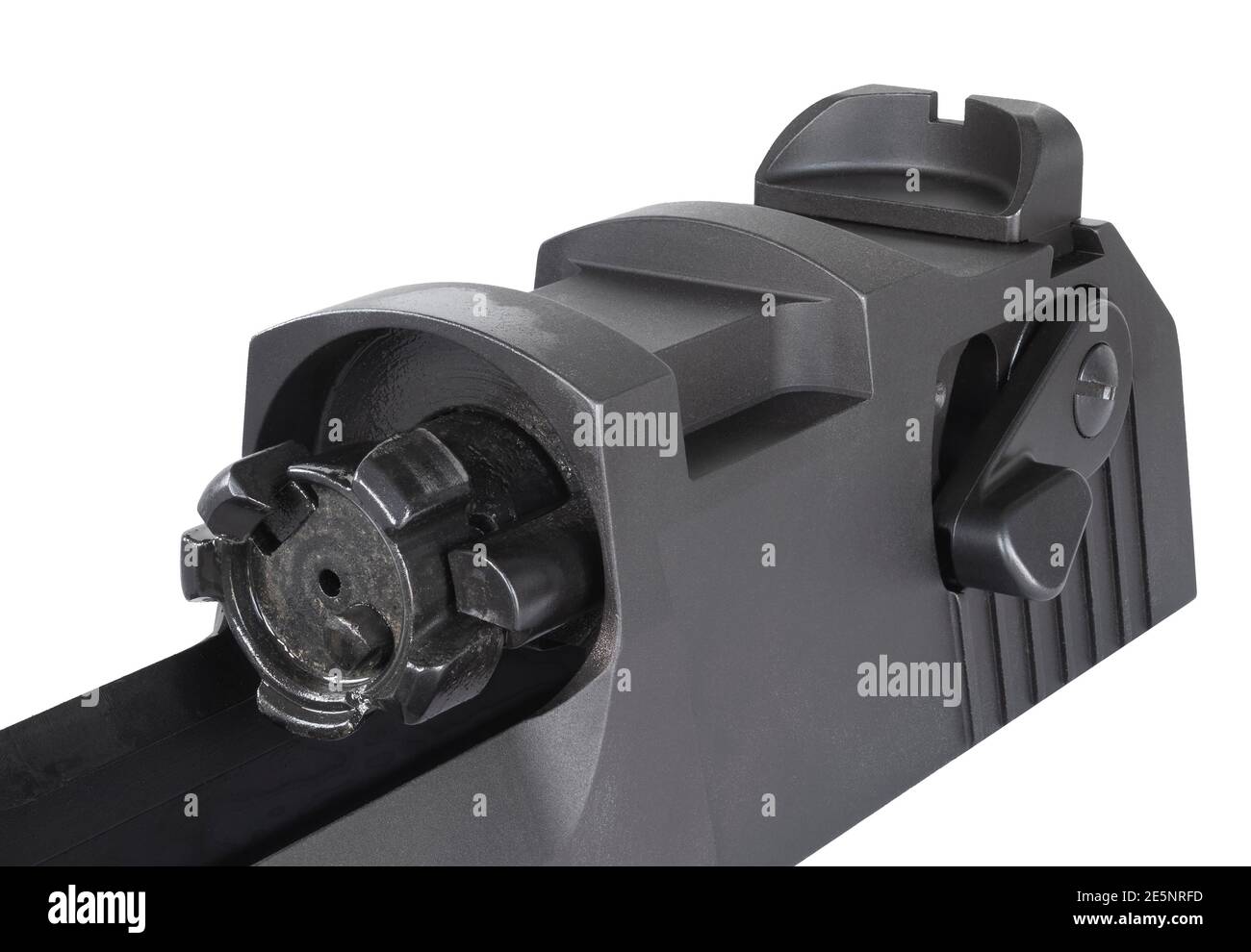 Rotating bolt and rear sight on a large semi-automatic pistol that are ...