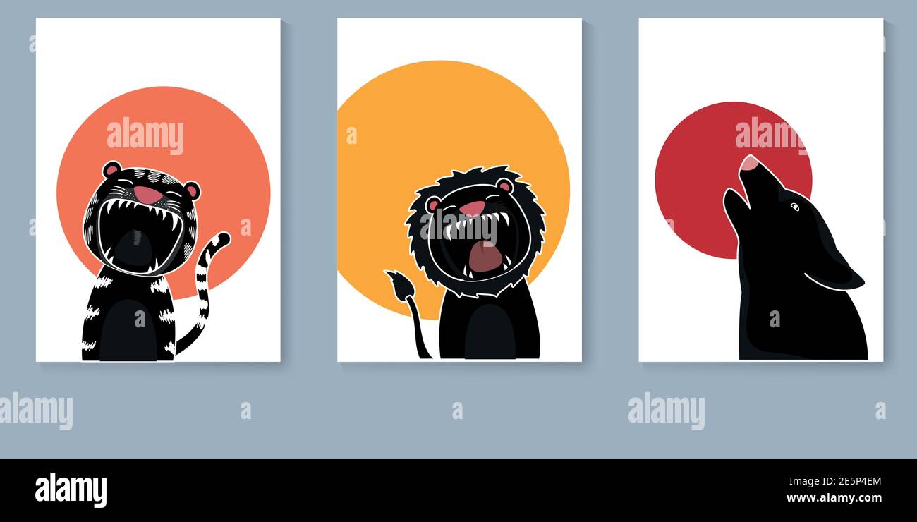 Poster collection with roar animals, tiger, lion and wolf Stock Vector ...