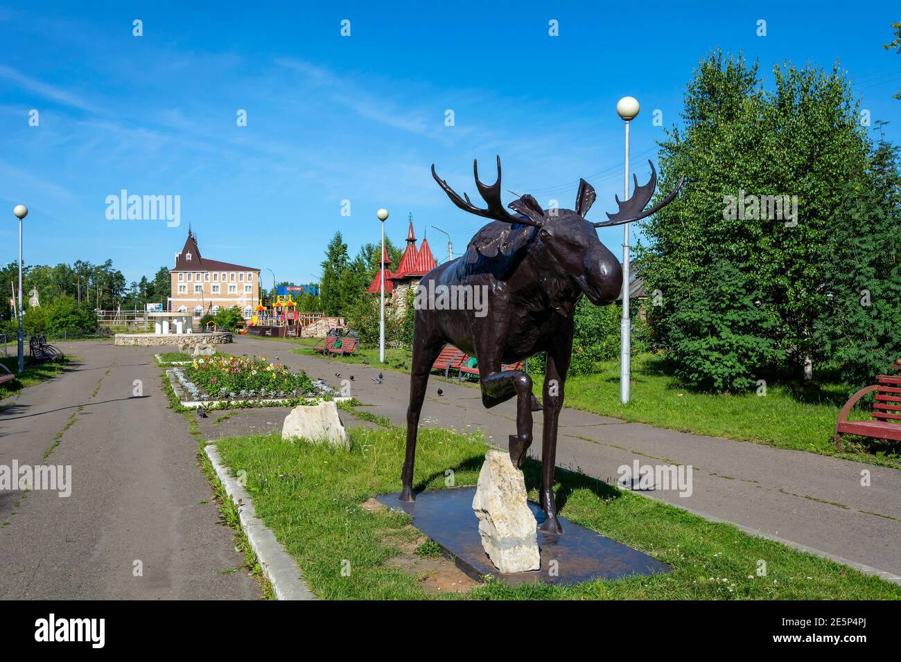 Steel statue of a moose in the city of Mariinsk, Kemerovo region ...