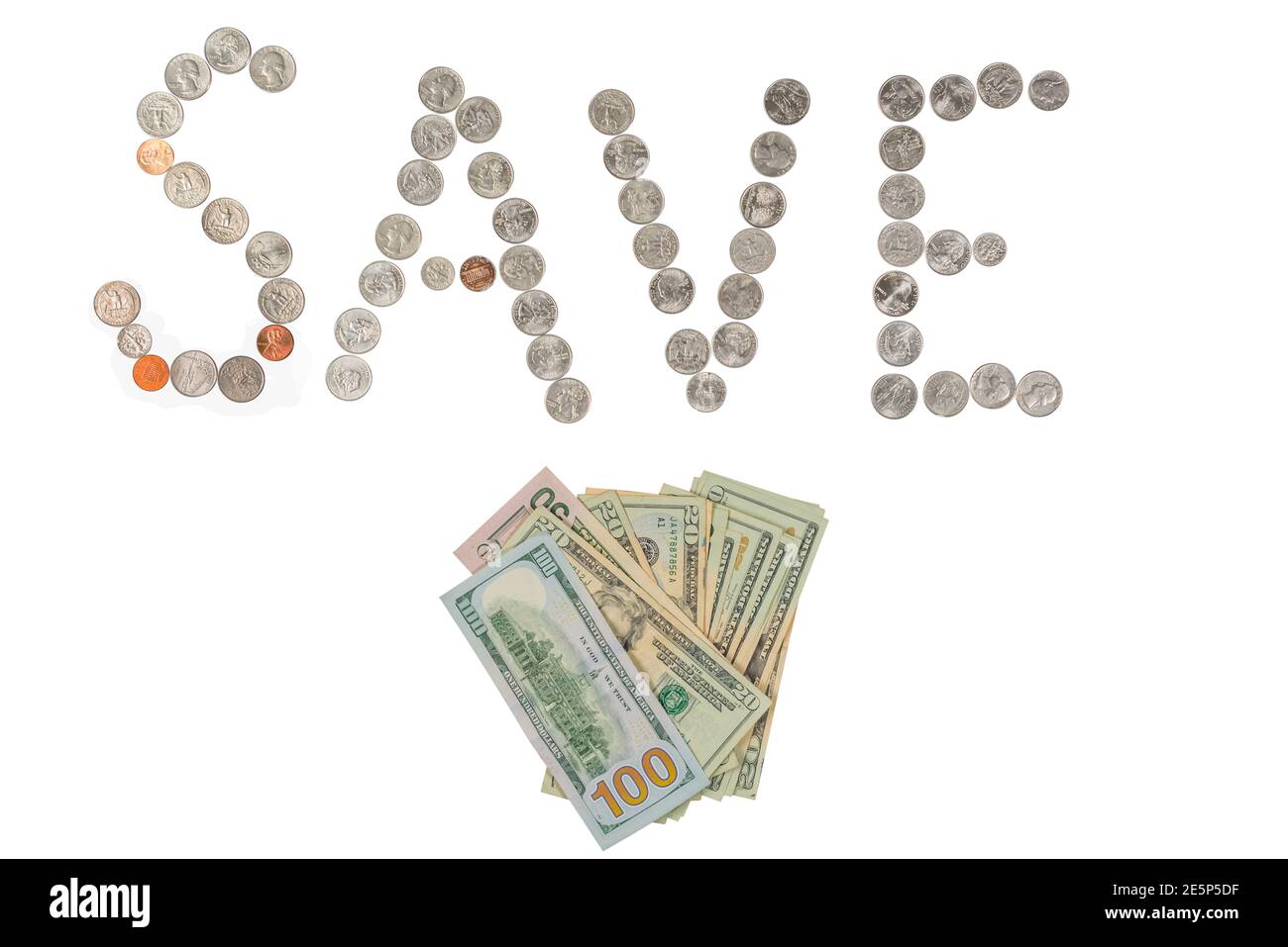 Coins isolated on solid white background spelling the word Save from ...