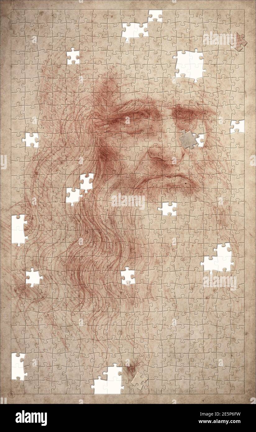 Leonardo da Vinci self-portrait puzzle with missing pieces Stock Photo ...