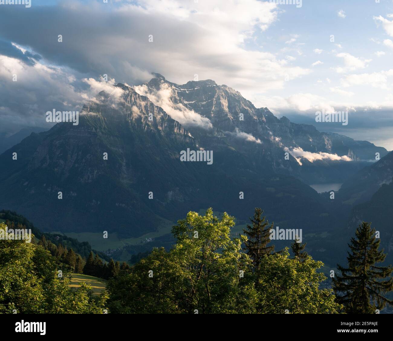 Rocky mountains surrounded by clouds with trees in the foreground Stock ...