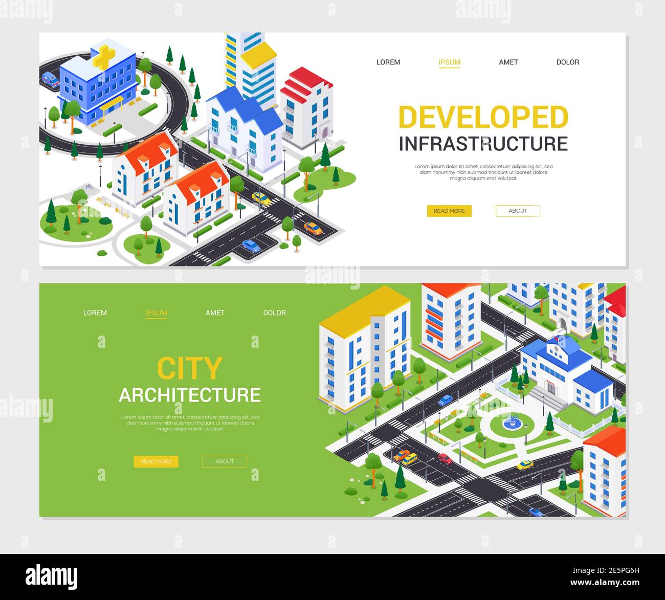 City infrastructure - set of modern colorful isometric web banners with ...